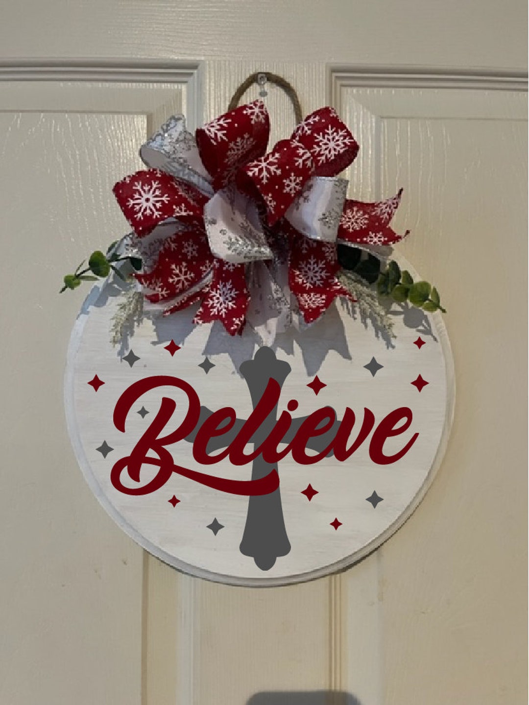 Believe Religious Door Decor. Cross Fromt Porch Sing With Snowflakes ...
