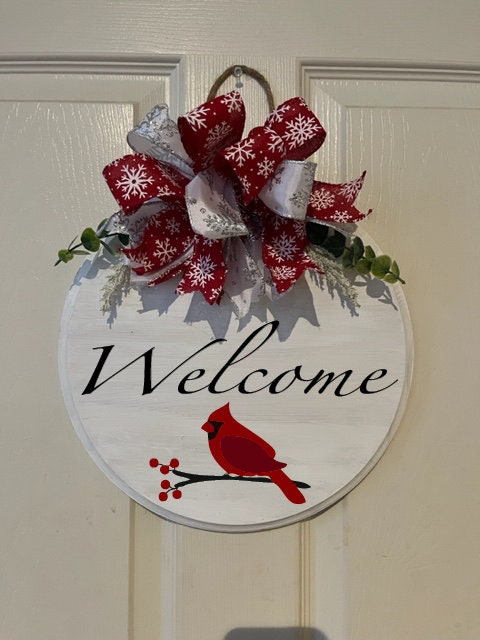 Welcome Winter Front Door Decor With Cardinal Sign. White and Red ...
