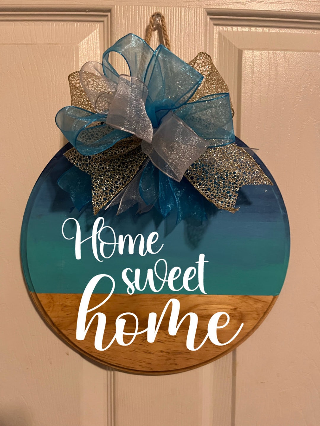 Coastal Blue Home Sweet Home Door Sign With Large Bow - Nautical Beach ...