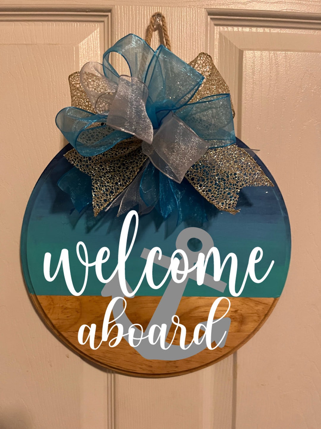 Welcome Aboard Door Sign. Nautical Boat House Door Decor. Coastal Blue ...