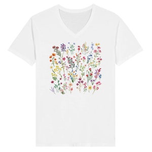 Vintage Pressed Flowers V-neck T-shirt Boho Style Tee Botanical Floral ...