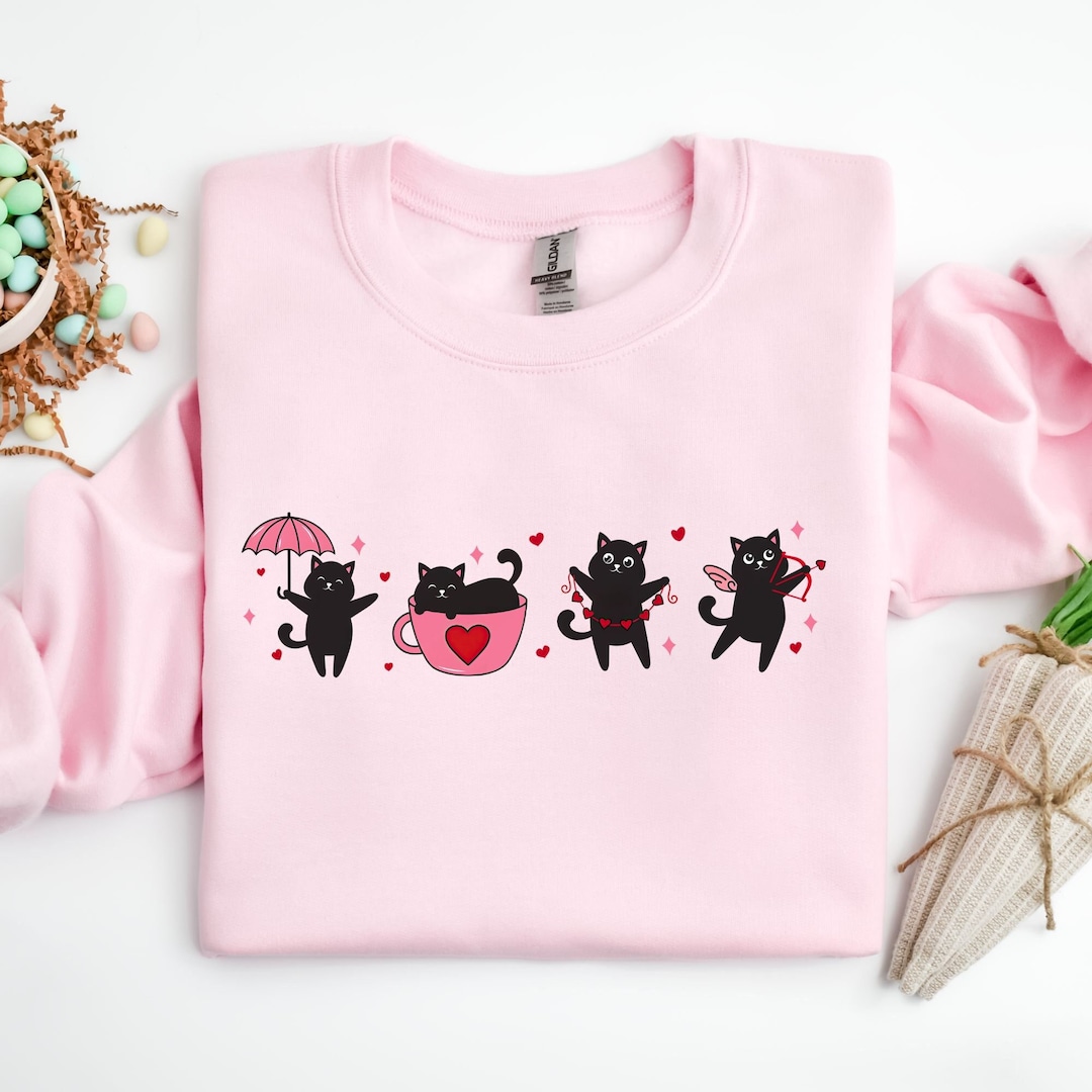 Cute Black Cat Valentine Sweatshirt Cat Lover Valentine Sweater Happy ...