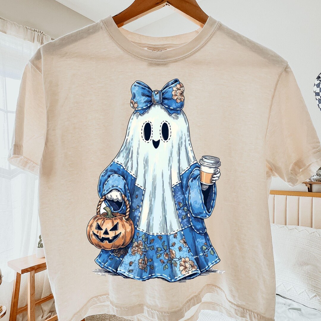 Retro Halloween Blue Denim Ghost Png, Trendy Patchwork Spooky Ghost Png ...