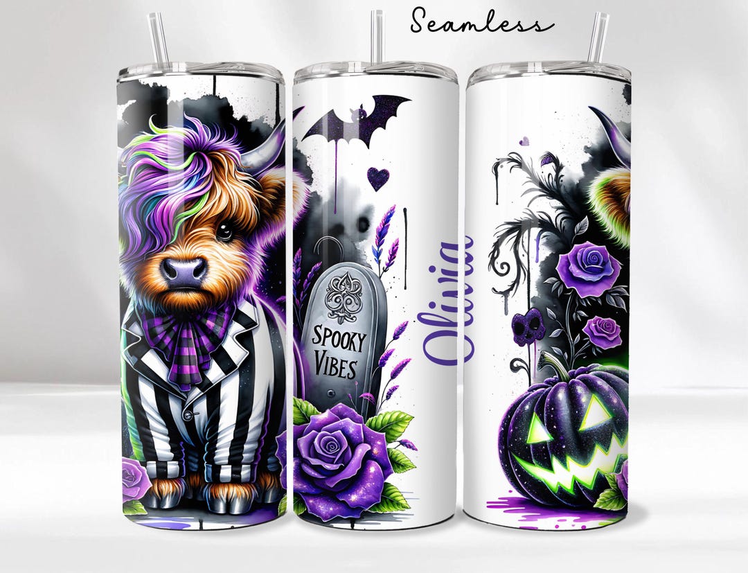 Personalized Cute Ghoul Halloween Highland Cow Tumbler Wrap, Spooky ...