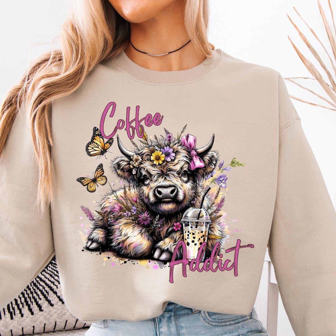 Coffee Addict Highland Cow Png Sublimation Design, Baby Highland Cow ...