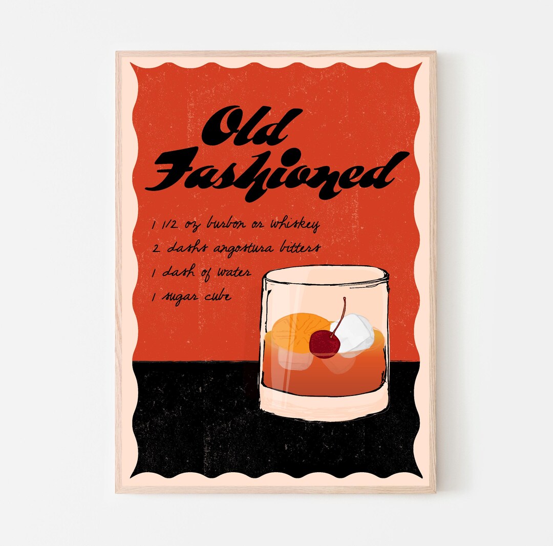 Old Fashioned Cocktail Poster Bar Wall Art Vintage Dorm Room Whiskey ...