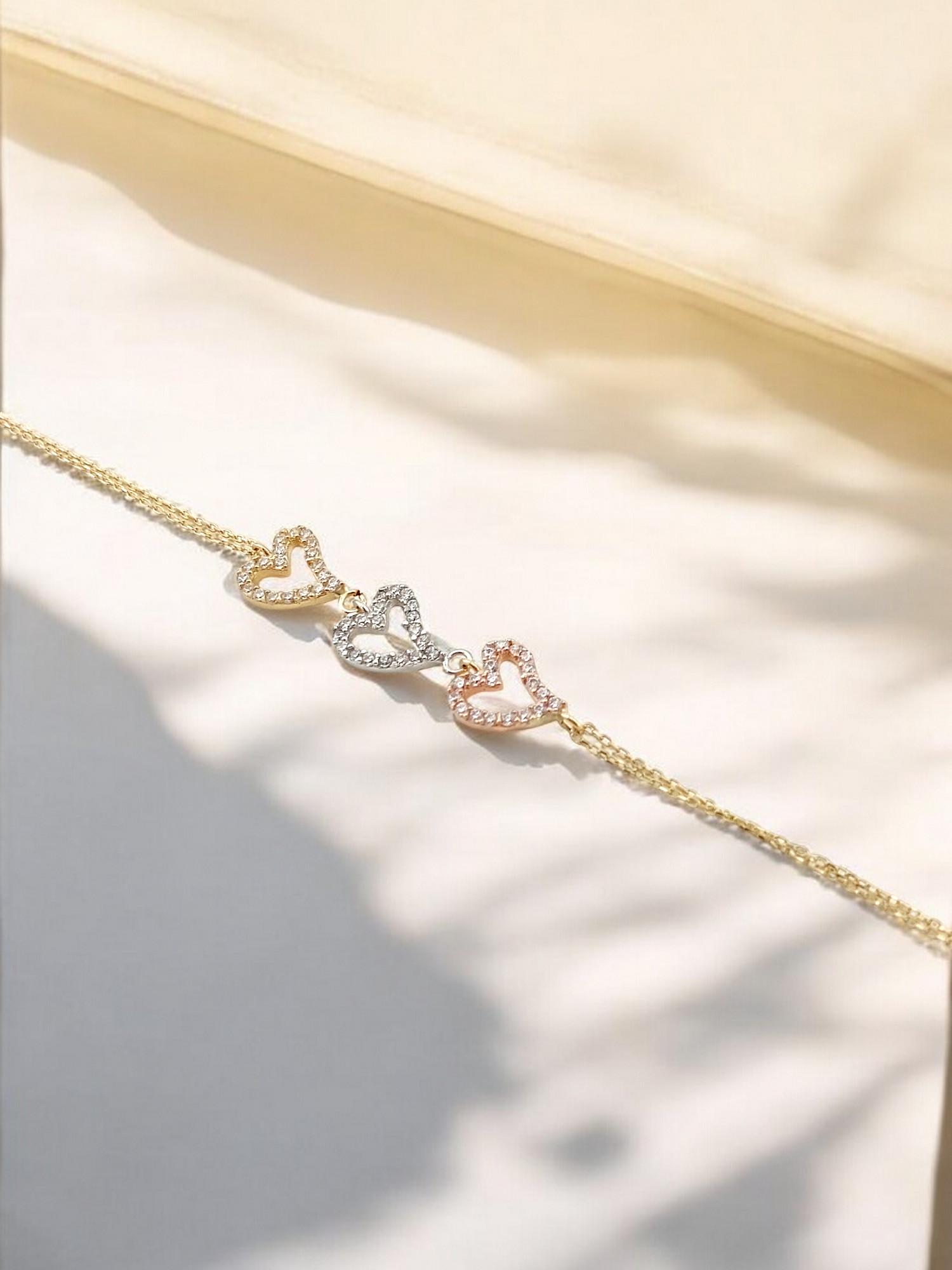 14K Gold Chain Heart Bracelet - Real Solid Gold Bracelet - Gift for Her ...
