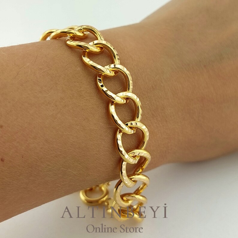 22K Real Gold Yellow Chain Bracelet 12MM Charm Bracelet Think Gold ...