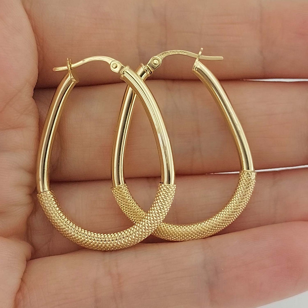 14K Yellow Gold Fancy Oval Creoles for Women Daily Wear Hoops, Gift for ...