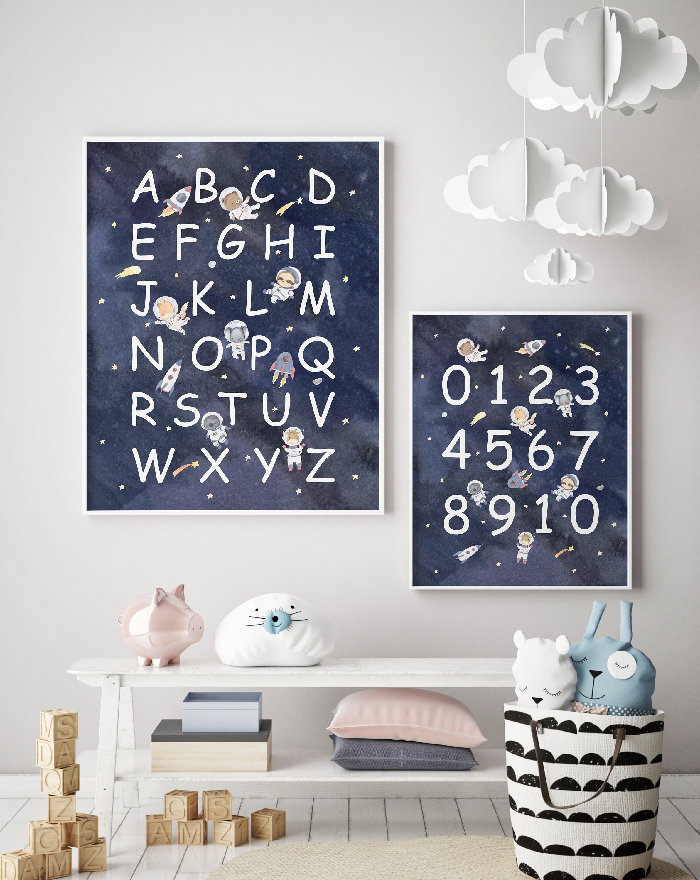 Space Animal ABC and Numbers Print, Astronaut Animal Alphabet Wall Art ...
