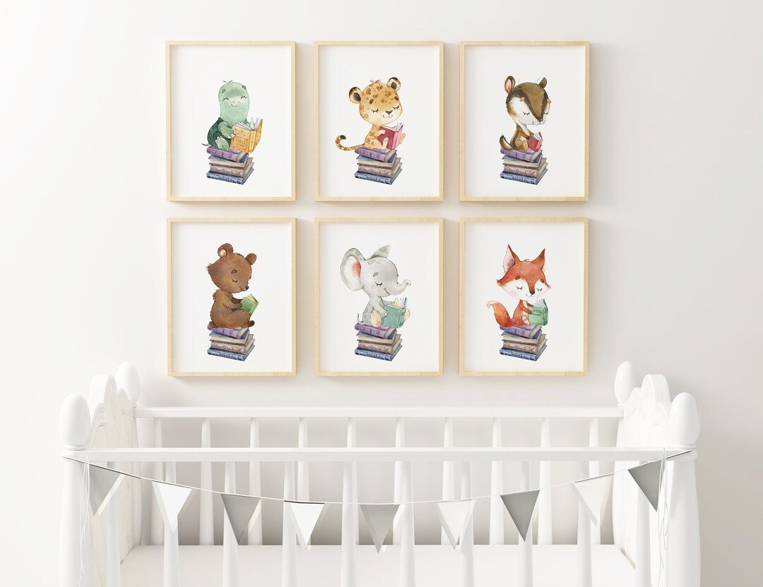 Animals Reading Prints, Animal and Book Nursery Wall Decor, Animal ...