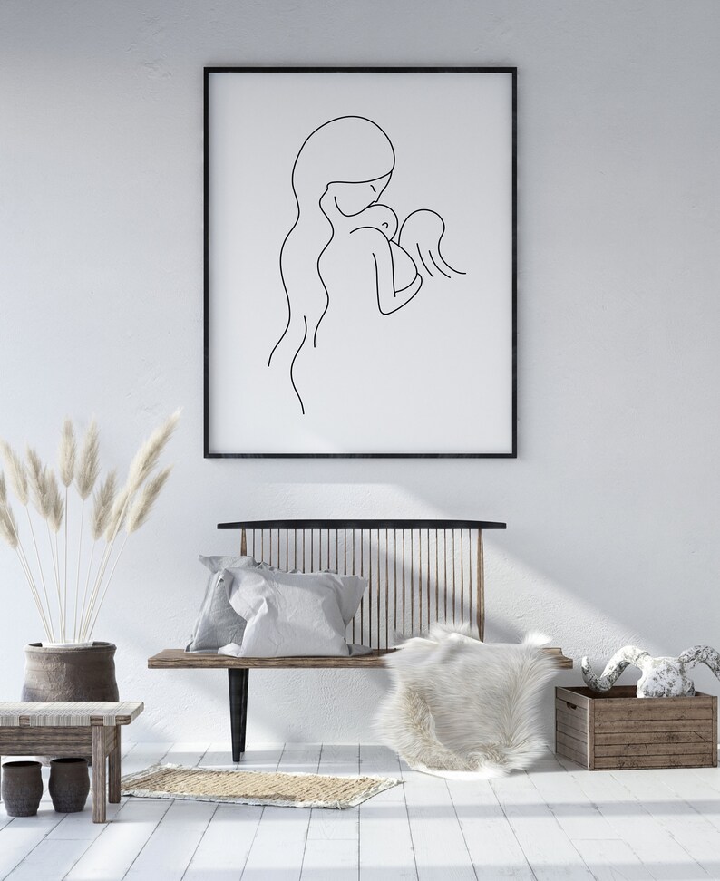 Mother Angel Baby Line Drawing Print, Abstract Mommy Line Art Wall ...