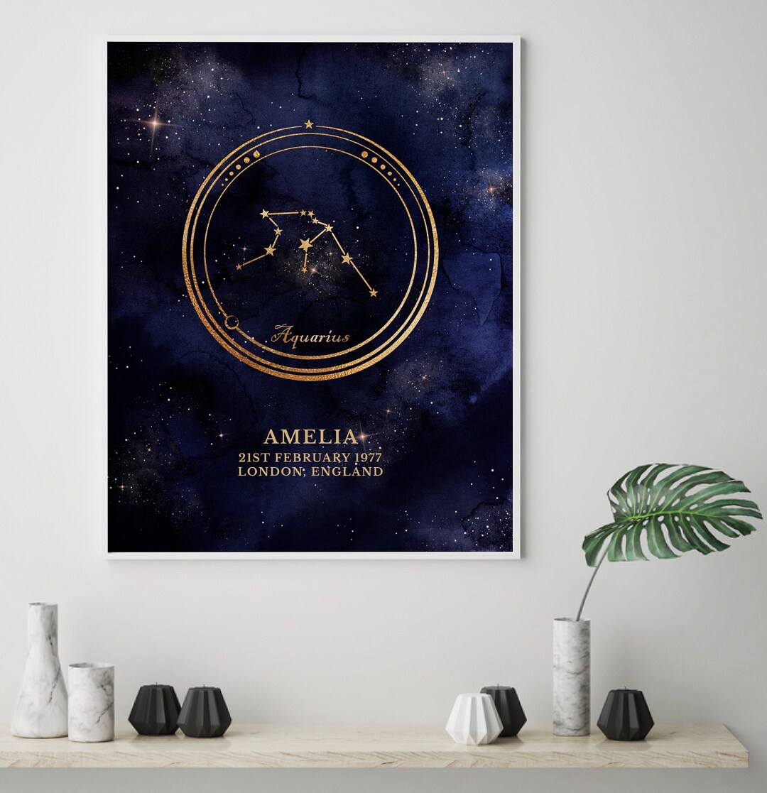 Personalized Zodiac Sign Print, Custom Constellation Gold Foil Wall ...