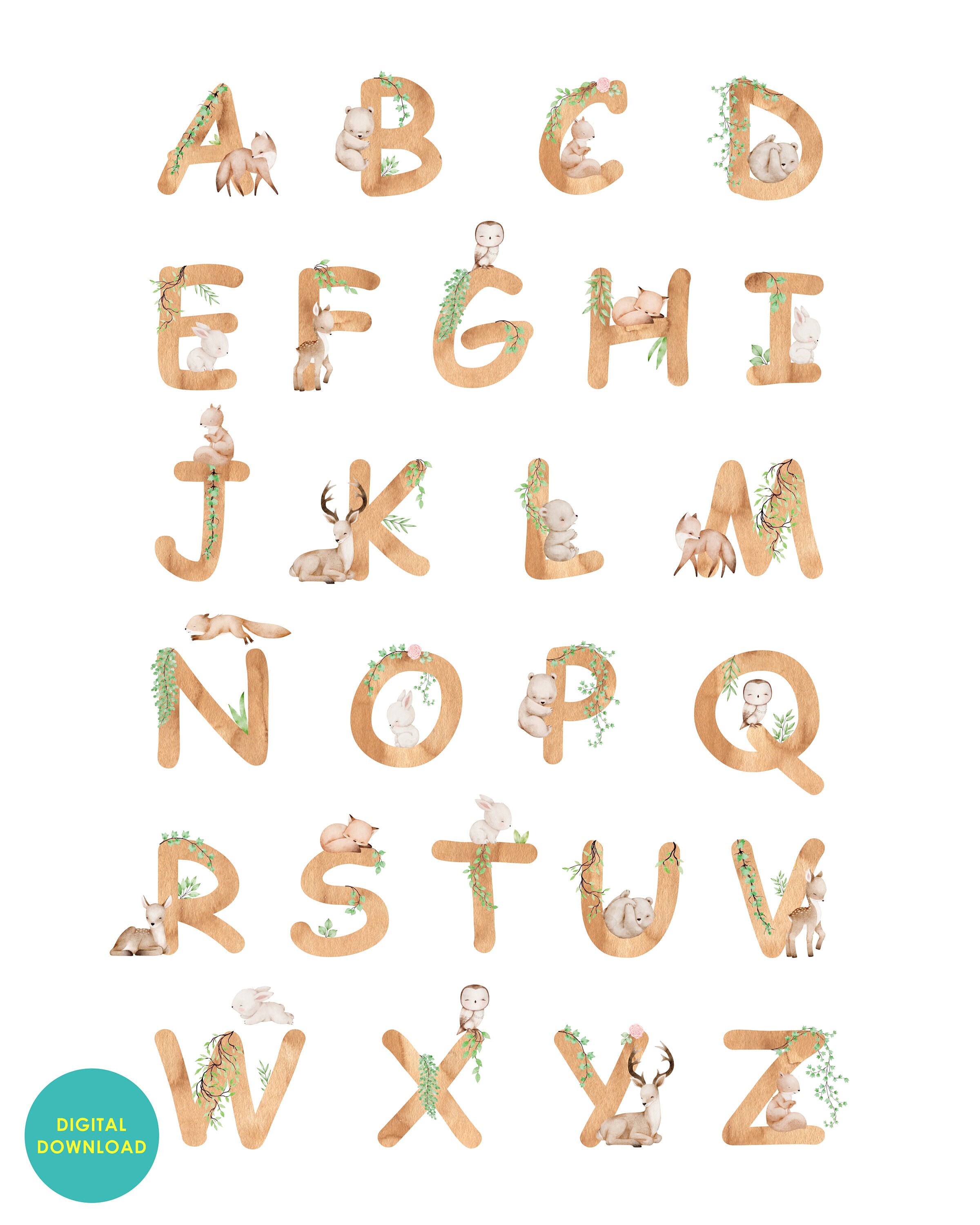 Woodland Alphabet and Numbers Print Forest ABC Nursery Wall - Etsy