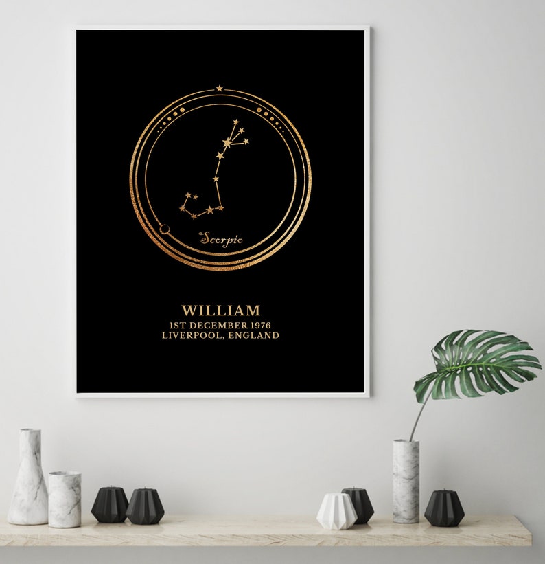 Custom Zodiac Sign Print, Personalized Constellation Gold Foil Poster ...
