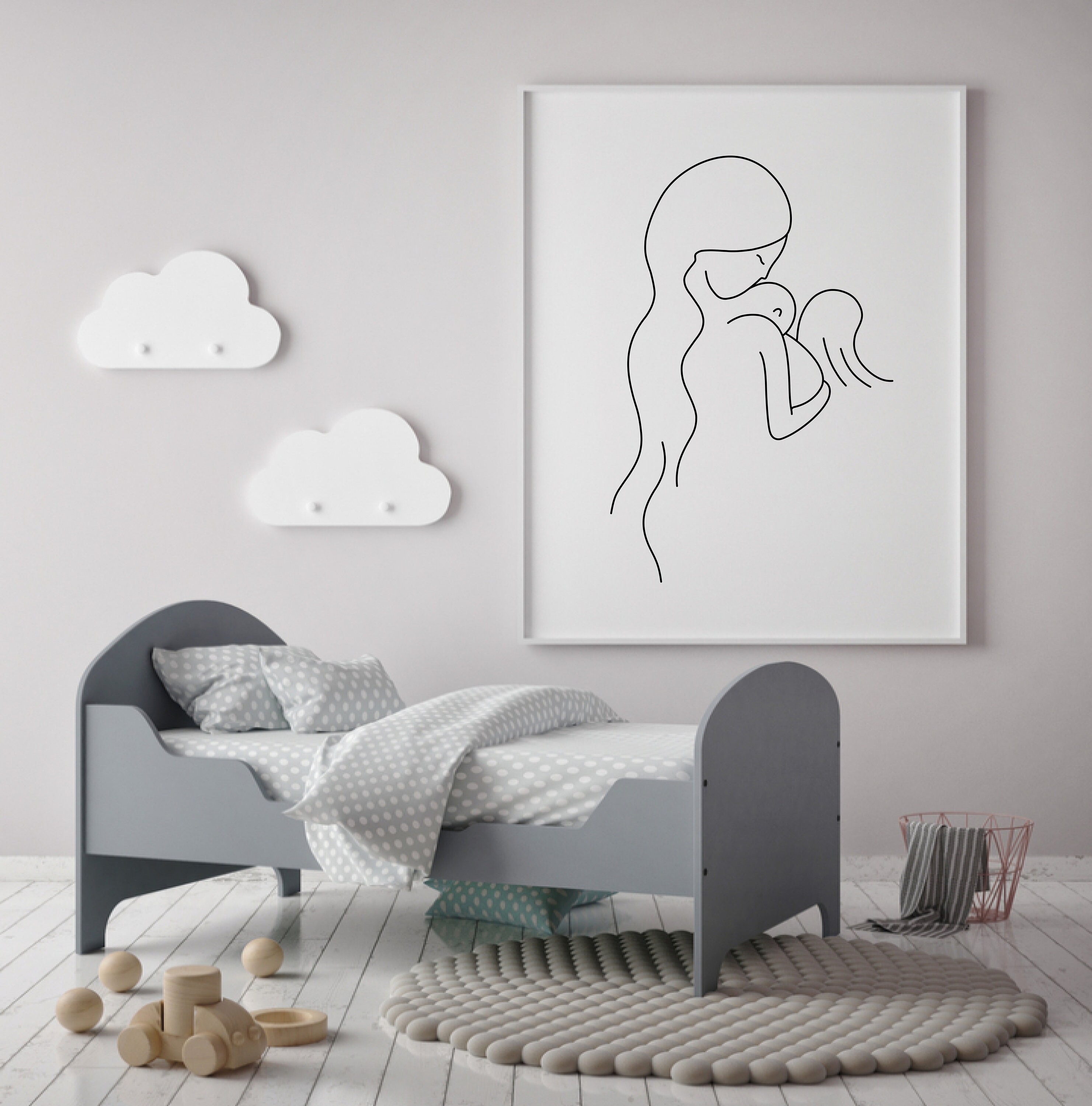 Mother Angel Baby Line Drawing Print, Abstract Mommy Line Art Wall ...
