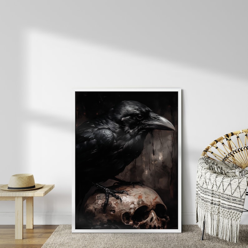 Raven on Gothic Skull Printable, Raven Bird Wall Art, Gothic Decor ...