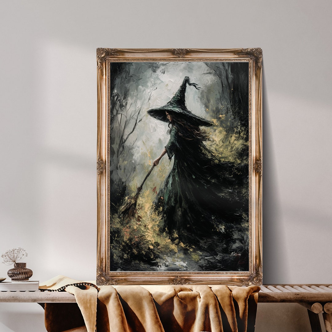 Green Witch With Broom in the Forest Wall Art, Othic Home Decor ...
