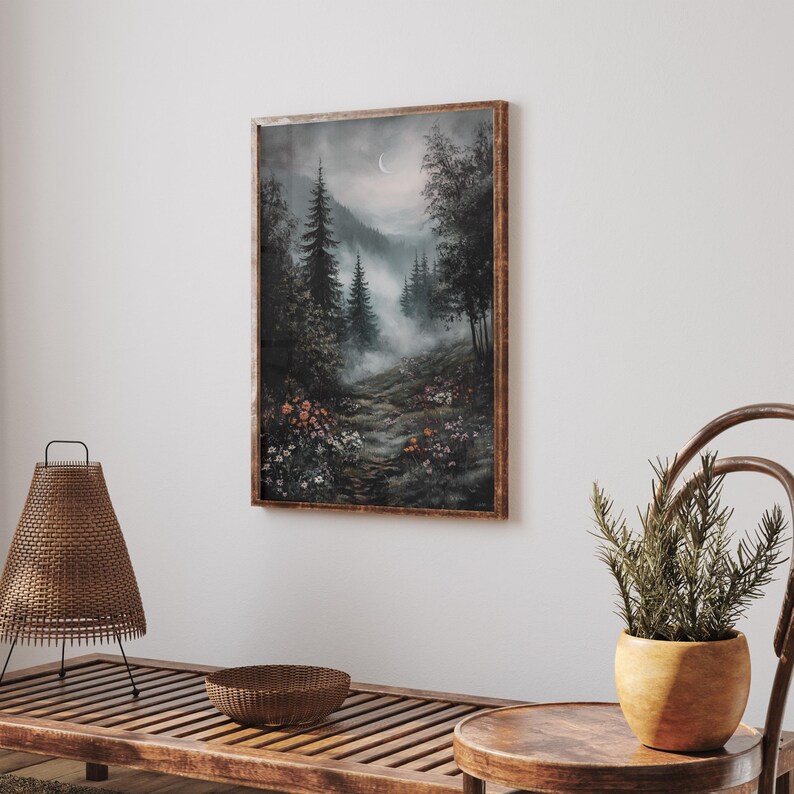 Dark Moody Flower Field Art Print, Dark Cottagecore Art, Dark ...