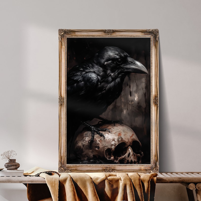 Raven on Gothic Skull Printable, Raven Bird Wall Art, Gothic Decor ...