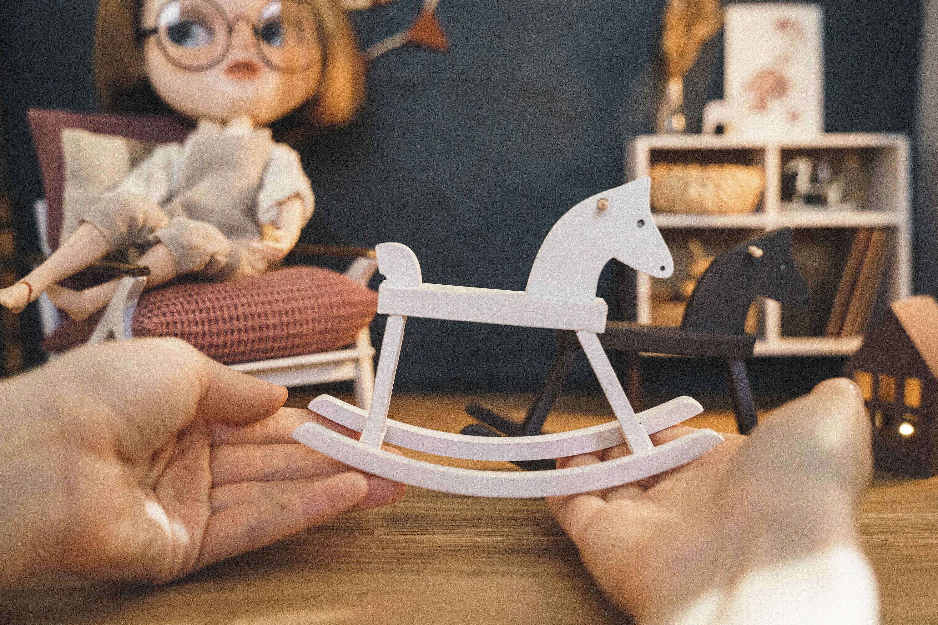 White Wooden Horse Rocking Chair, Furniture for Blythe Dolls, 1/6 ...