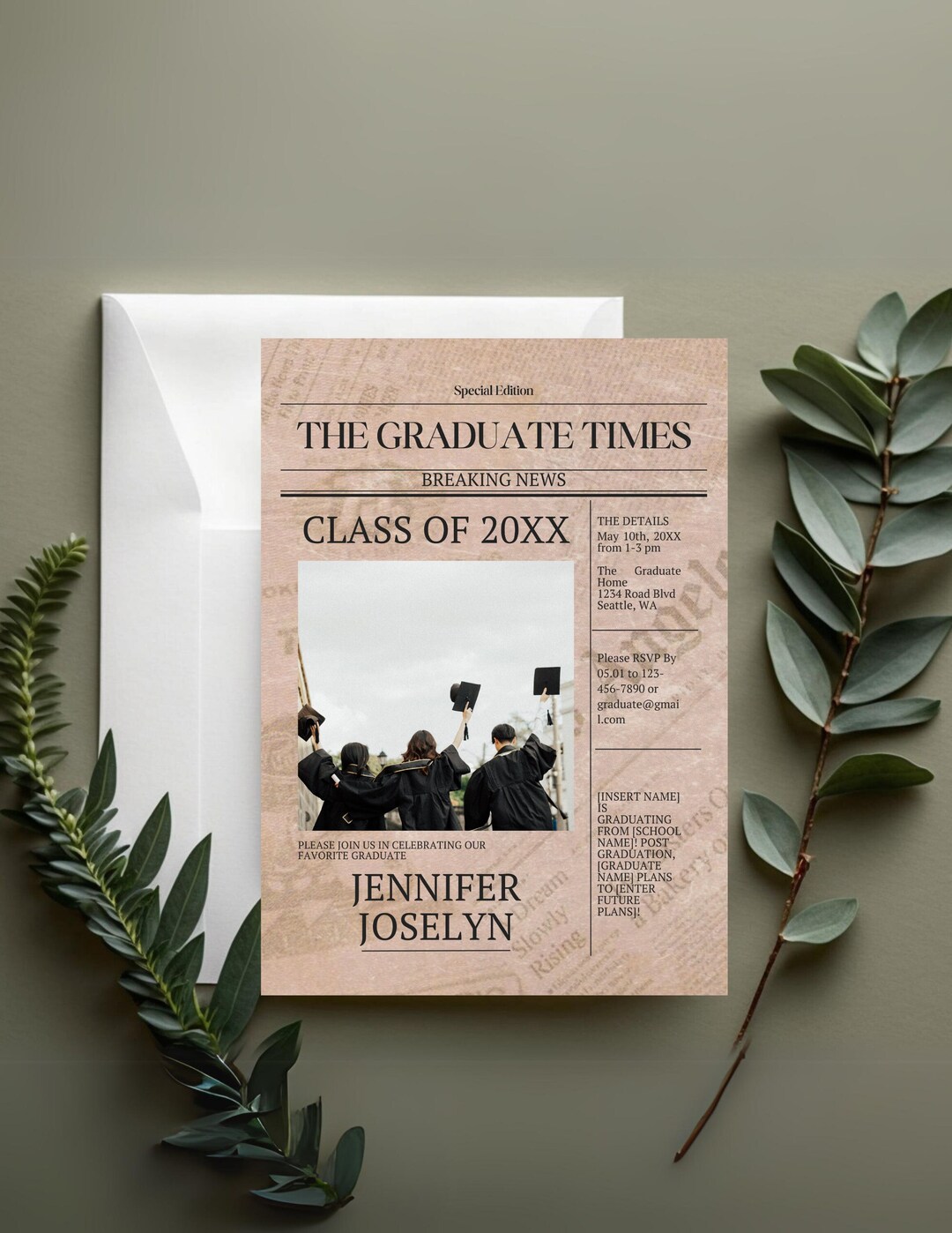 Newspaper Style Front Page Graduation Party 5x7 CANVA Invite, Editable ...