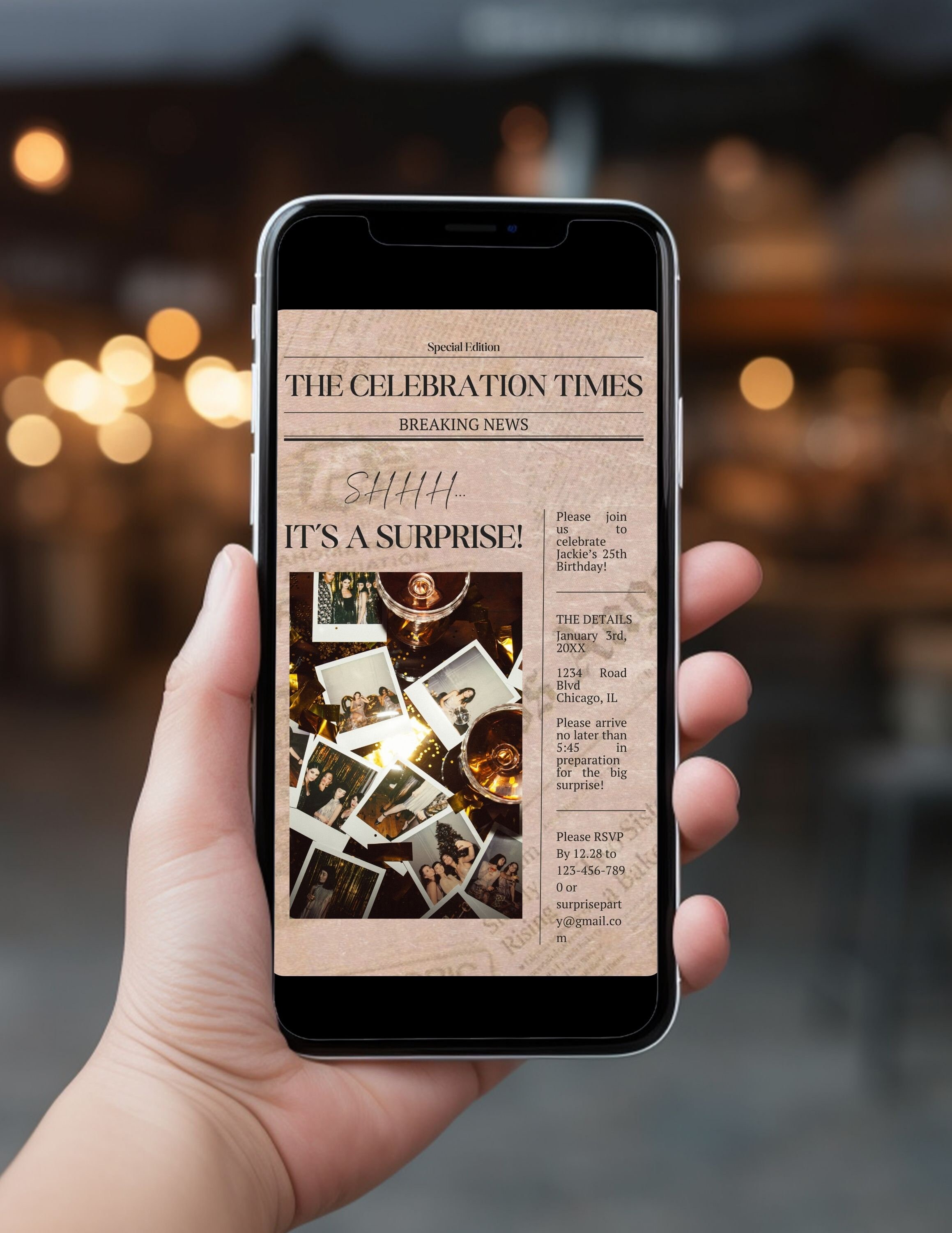 Newspaper Style Surprise Party CANVA Electronic Invitation, Editable ...