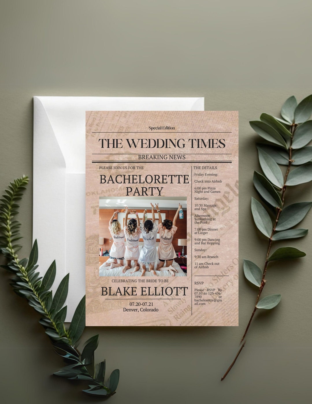 Newspaper Style Front Page Blake's Bachelorette Party 5x7 CANVA Invite ...
