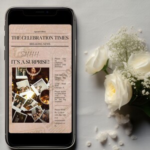 Newspaper Style Surprise Party CANVA Electronic Invitation, Editable ...