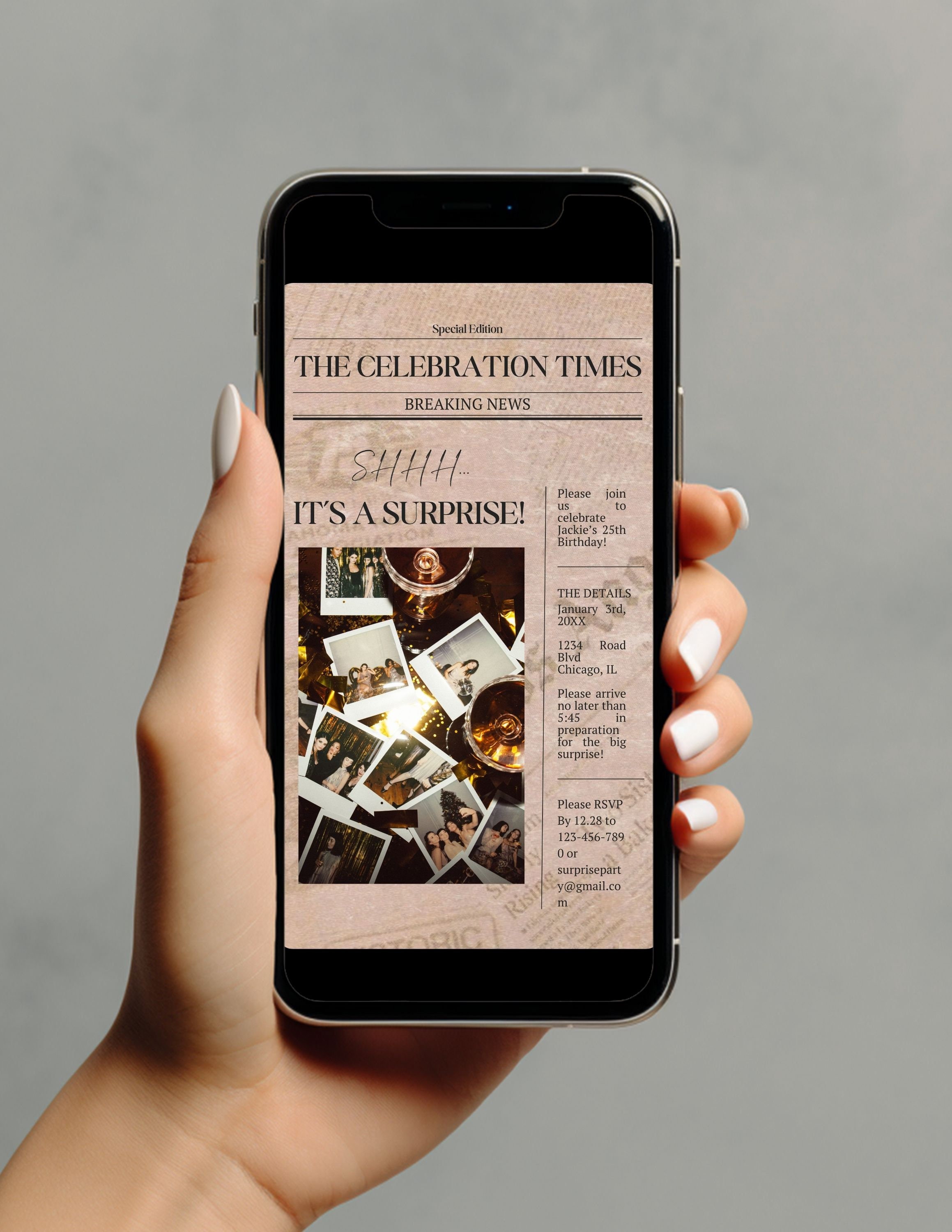 Newspaper Style Surprise Party CANVA Electronic Invitation, Editable ...