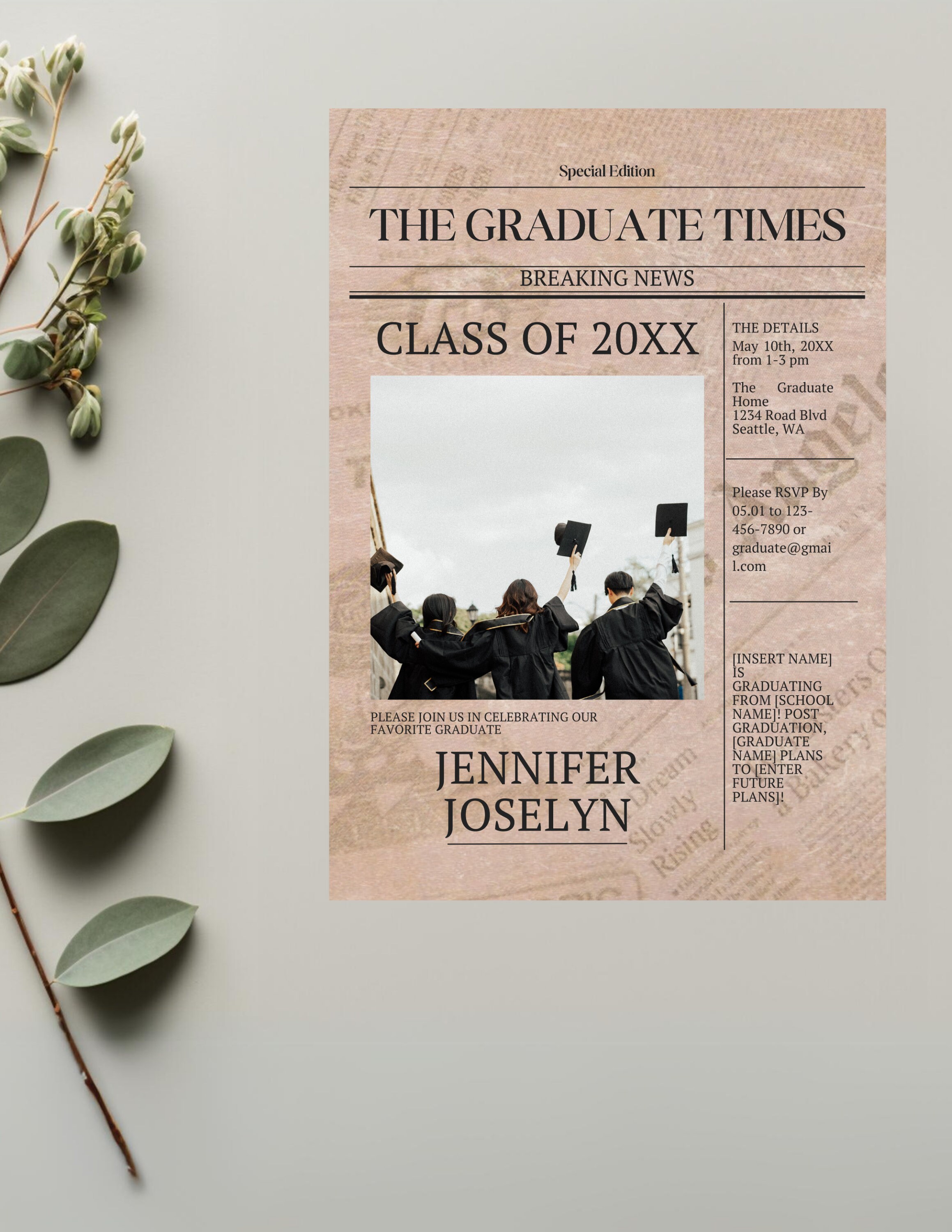 Newspaper Style Front Page Graduation Party 5x7 CANVA Invite, Editable ...