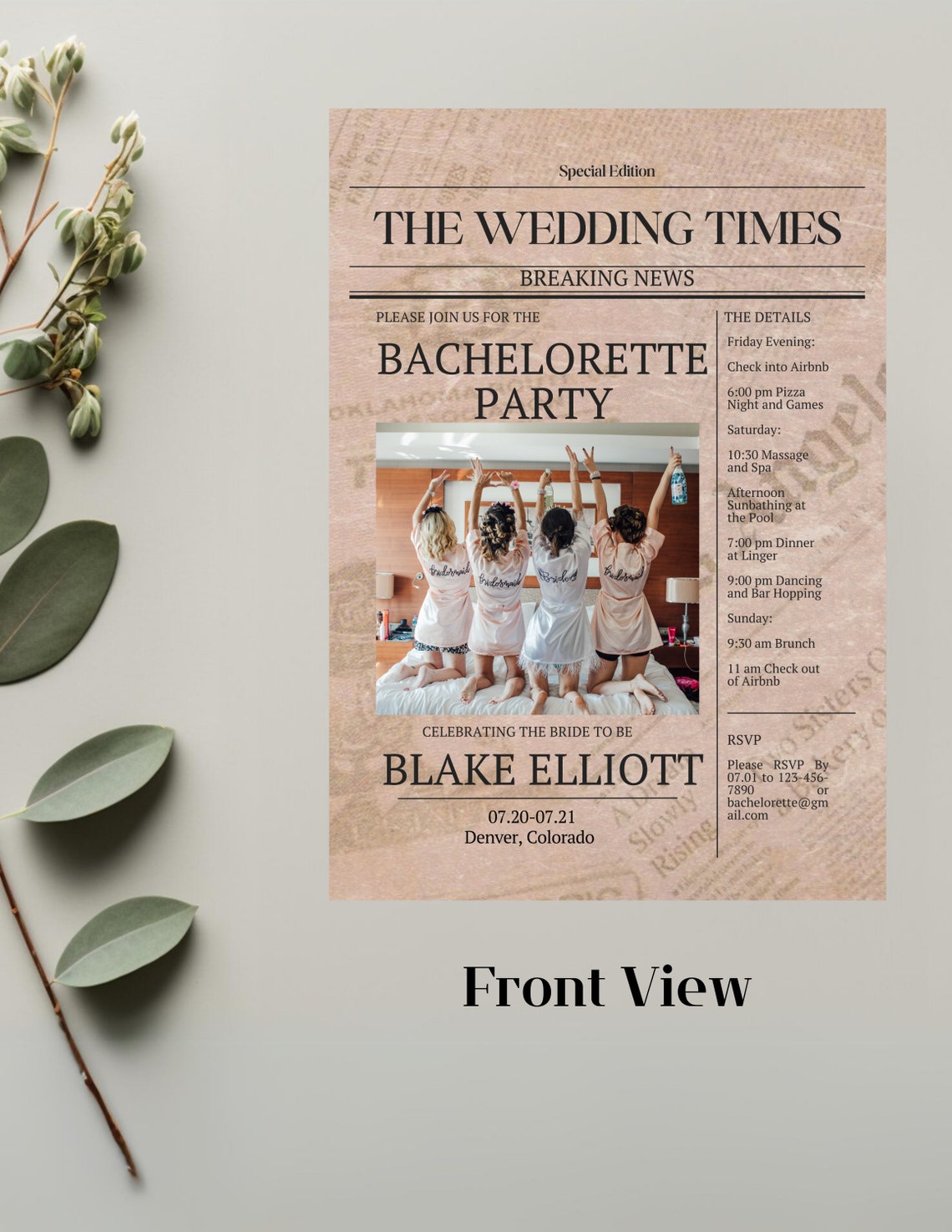 Newspaper Style Front Page Blake's Bachelorette Party 5x7 CANVA Invite ...