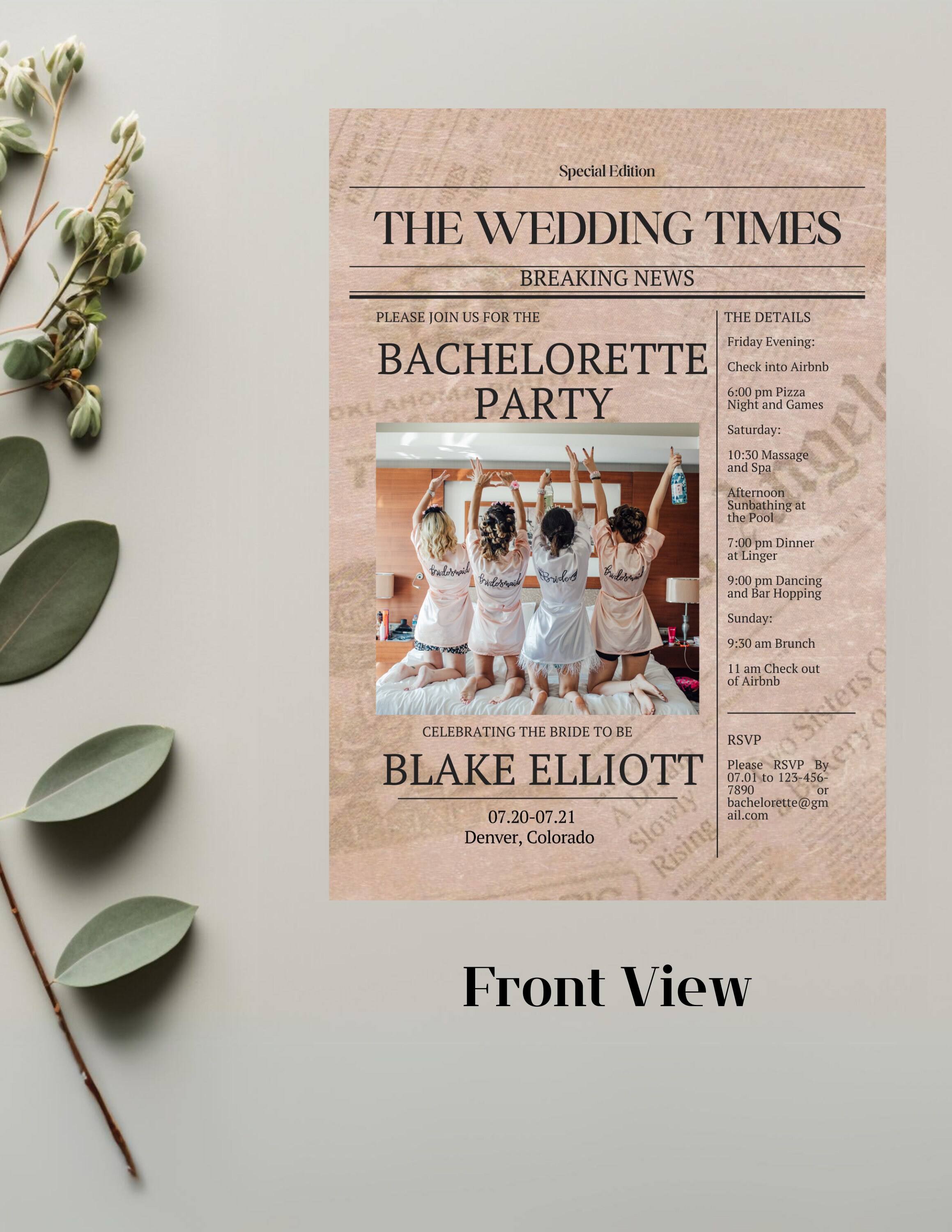 Newspaper Style Front Page Blake's Bachelorette Party 5x7 CANVA Invite ...