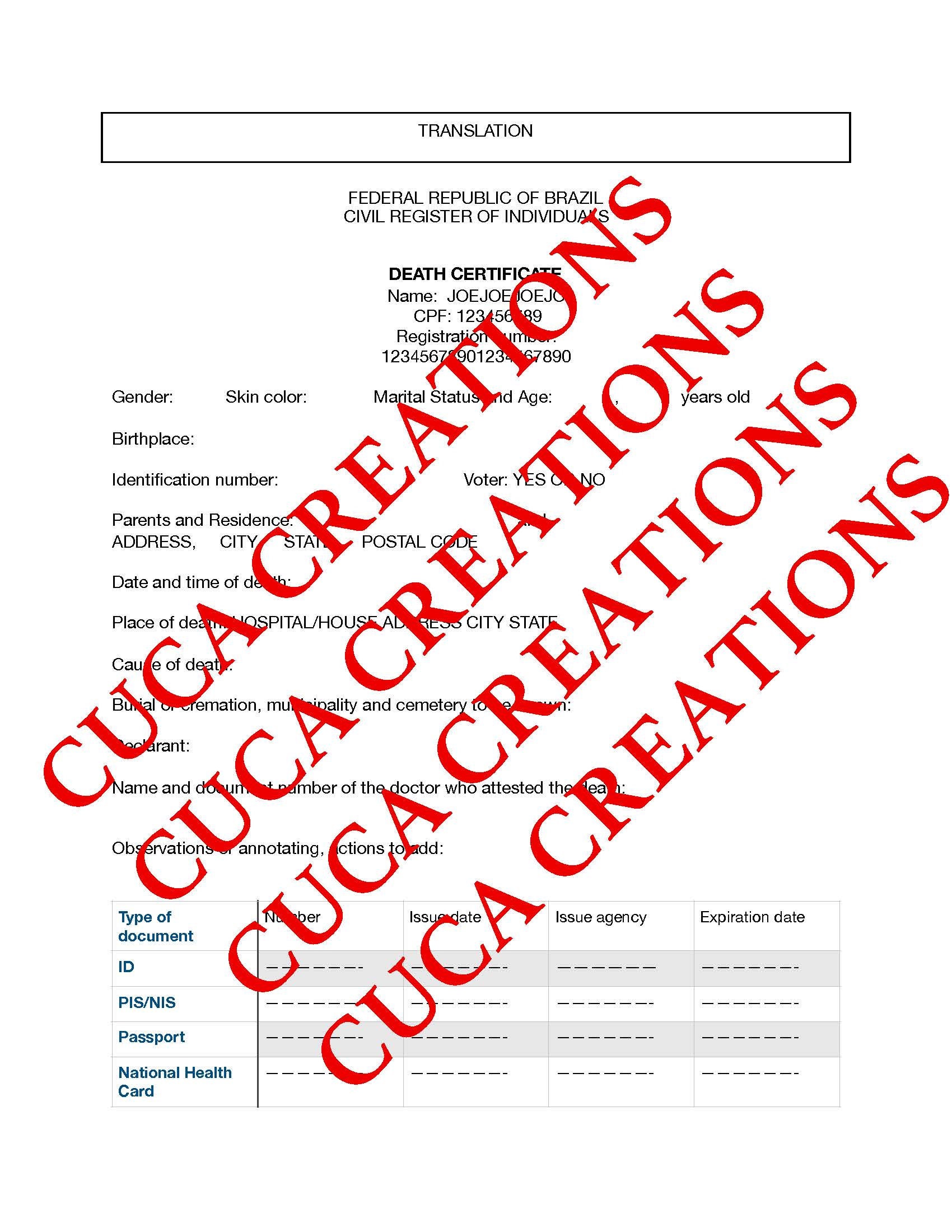 Brazilian Death Certificate Translated to English With Certificate of ...