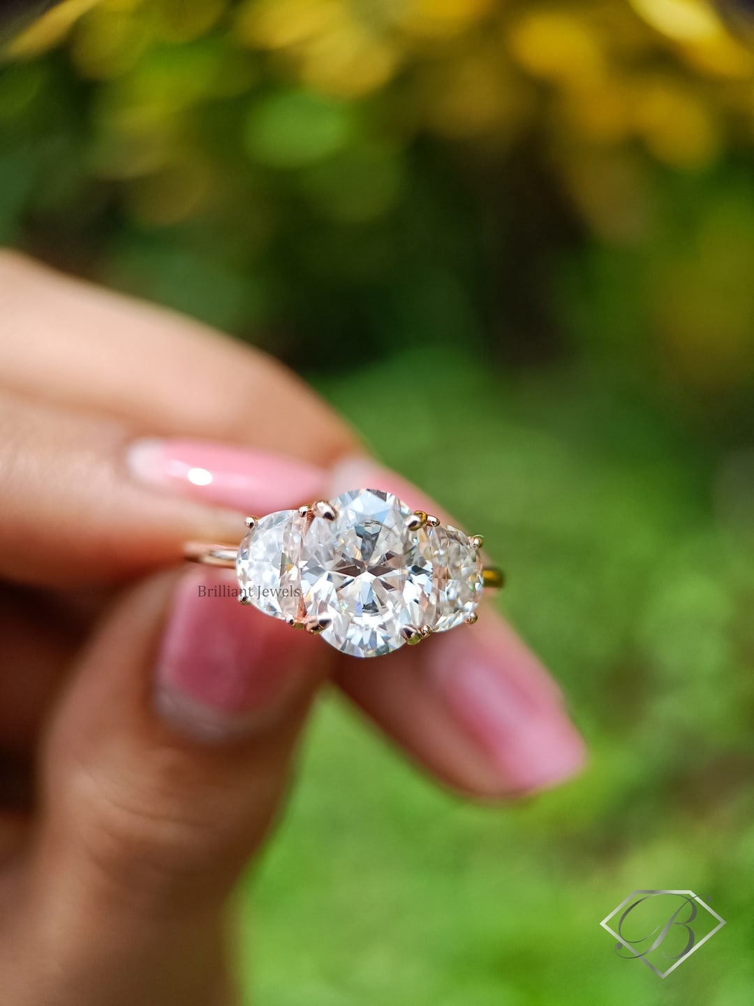 3CT Oval Cut Diamond Three Stone Ring 14K Gold Oval Three Stone ...