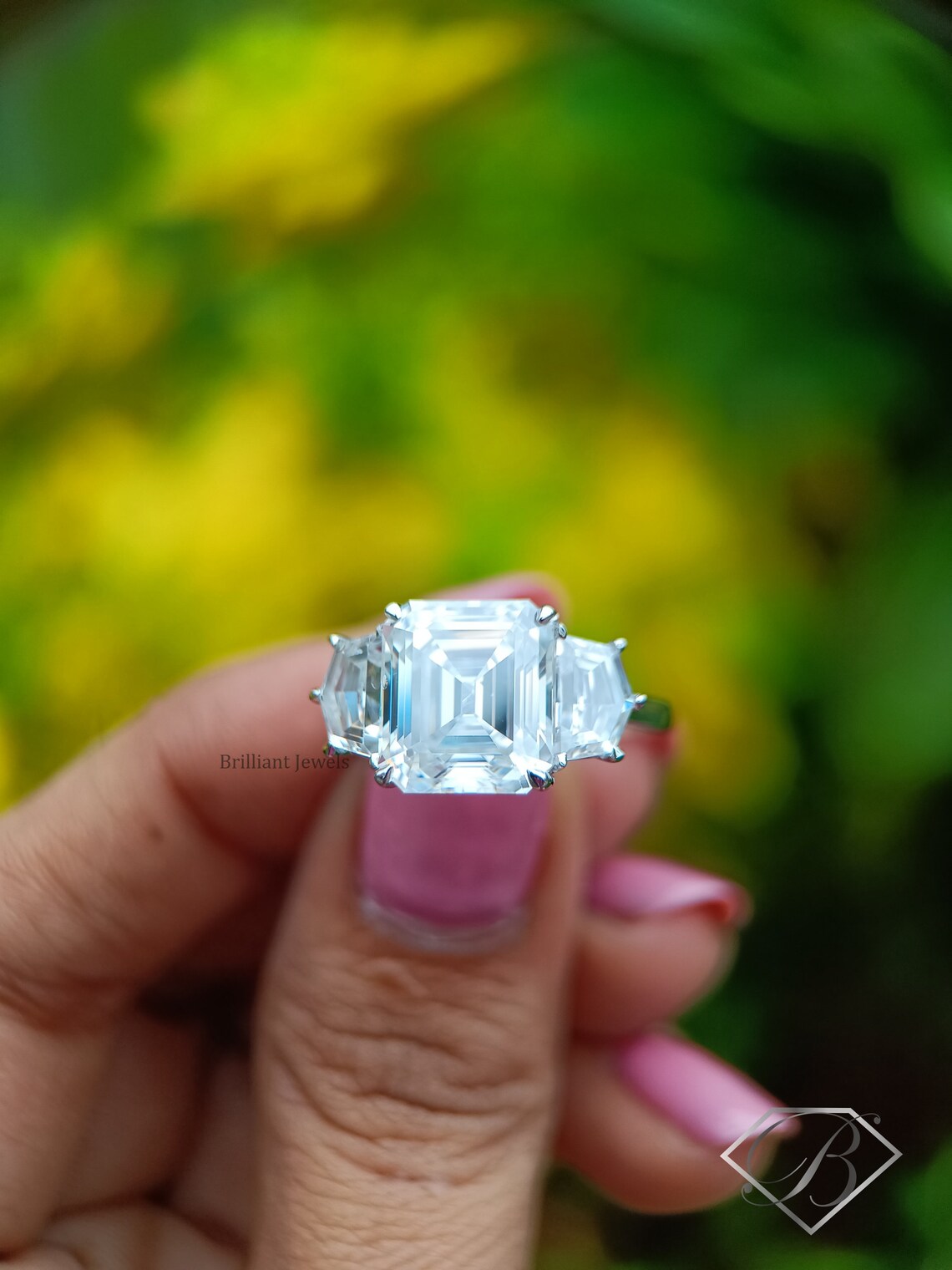 Modified Rectangular Cut Moissanite Custom Ring Cadillac Step Cut Three ...
