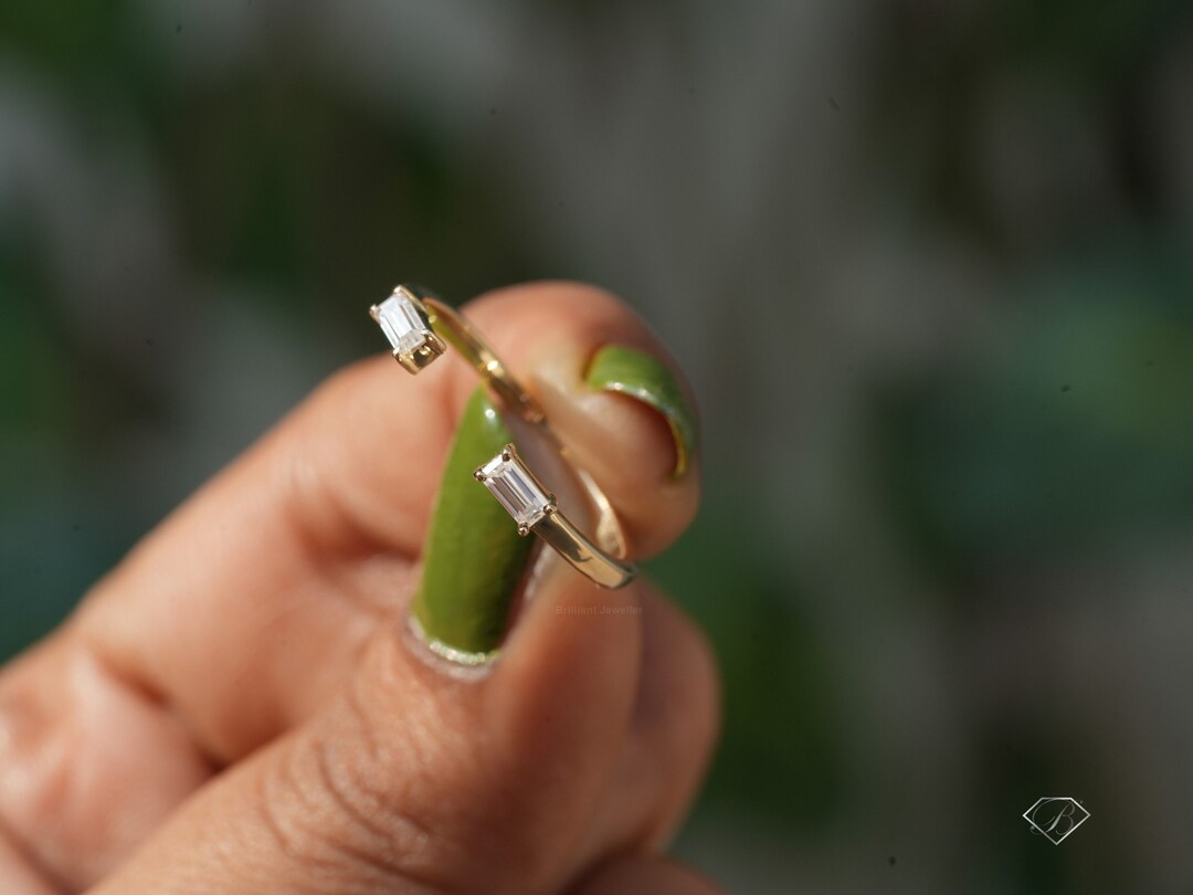 Minimalist Open Gap Wedding Band, 14K Gold Baguette Moissanite Wedding ...