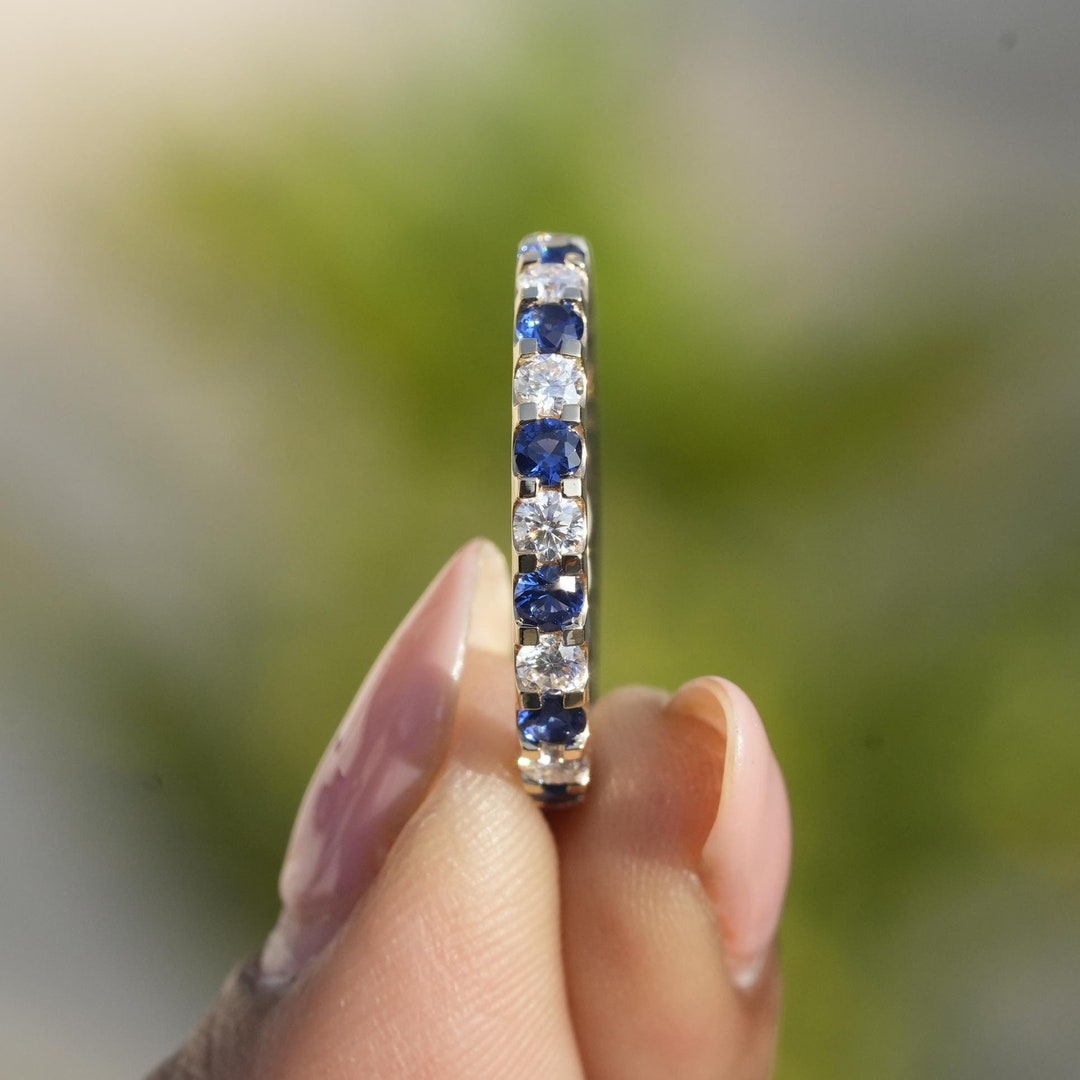 Blue Sapphire Wedding Band Round Moissanite Stacking Ring 18K Yellow ...
