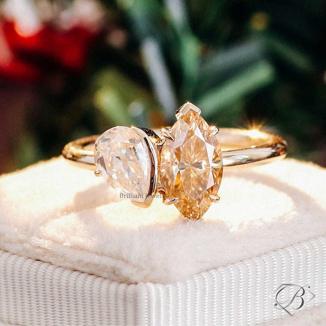 Toi Et Moi Ring Double Stone Engagement Moissanite Ring Marquise 2 Stone Half Bezel Set Wedding ...