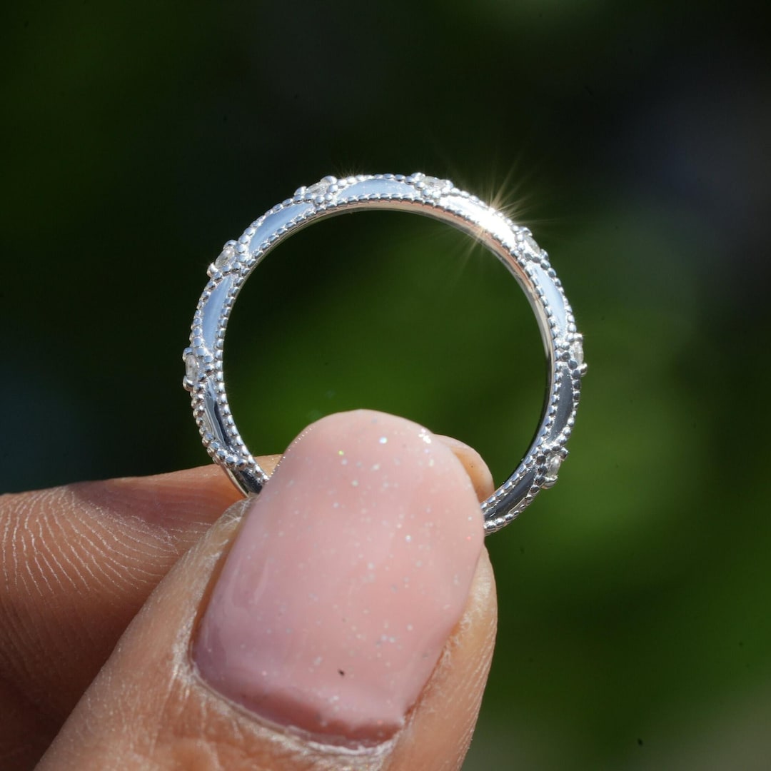 10K/14K White Gold Filigree Milgrain Edge Wedding Band Milgrain Band ...