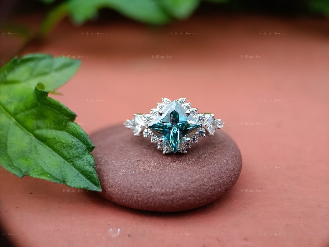 Antique Cyan Blue 3CT Princess Moissanite Engagement Ring Princess Cut ...