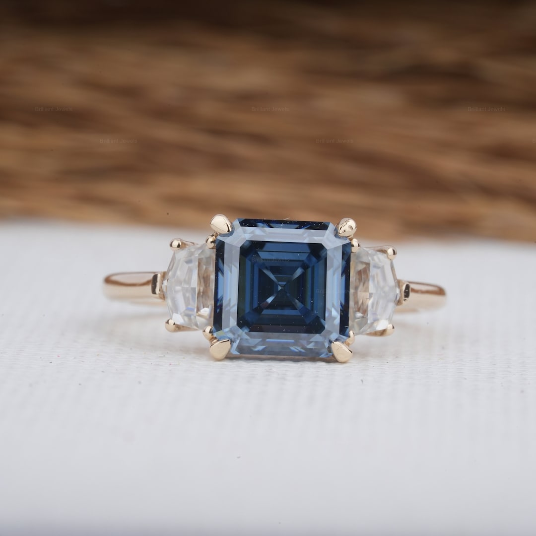 2.50CT Asscher Cut Moissanite Ring 14K Solid Gold Blue Asscher ...