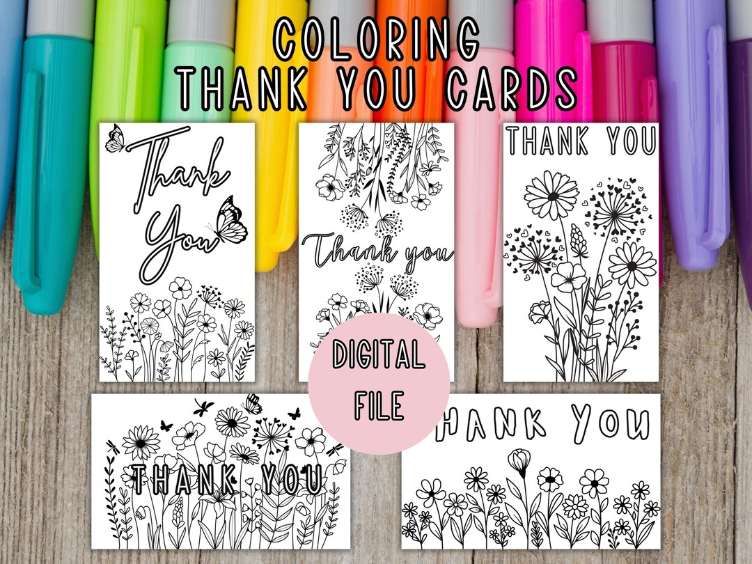 Floral Thank You Coloring Cards, Printable DIY (PDF) - Etsy
