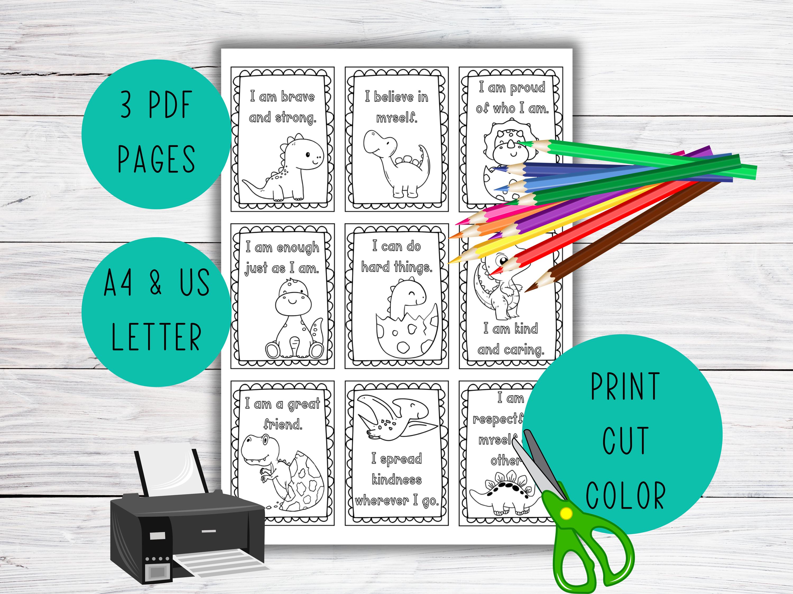 Dinosaur Affirmation Coloring Pages: Positive Quotes for Kids (digital ...