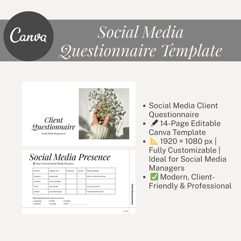 Social Media Client Questionnaire | Canva Template, Onboarding Form (14 ...
