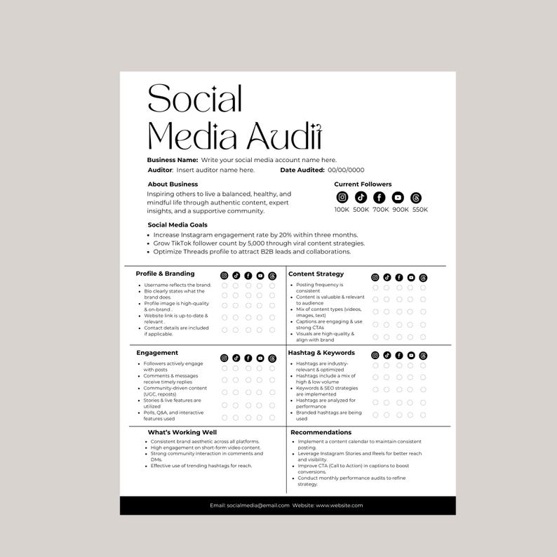 Social Media Audit Template | 1-page Canva Editable Sheet | Small ...