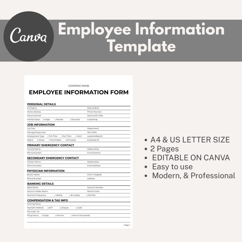 Editable Employee Information Form Template | HR Canva (A4/US Letter ...