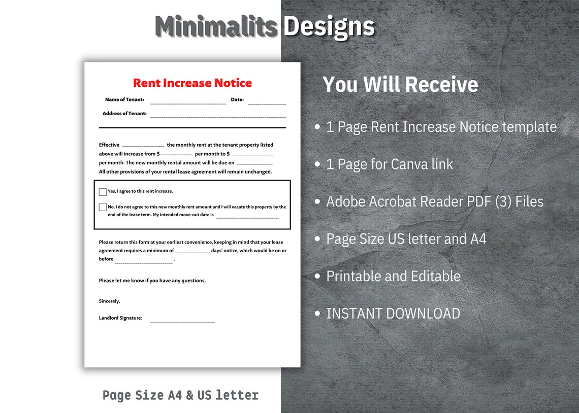 Rent Increase Notice, Rental Increase Template, Tenant Notice Form ...