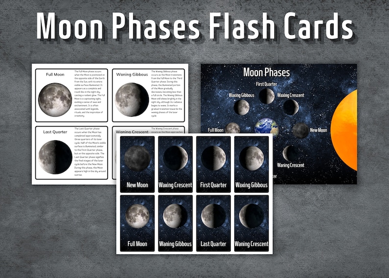 Moon Phases Flash Cards, Preschool Flashcards, Printable Montessori ...