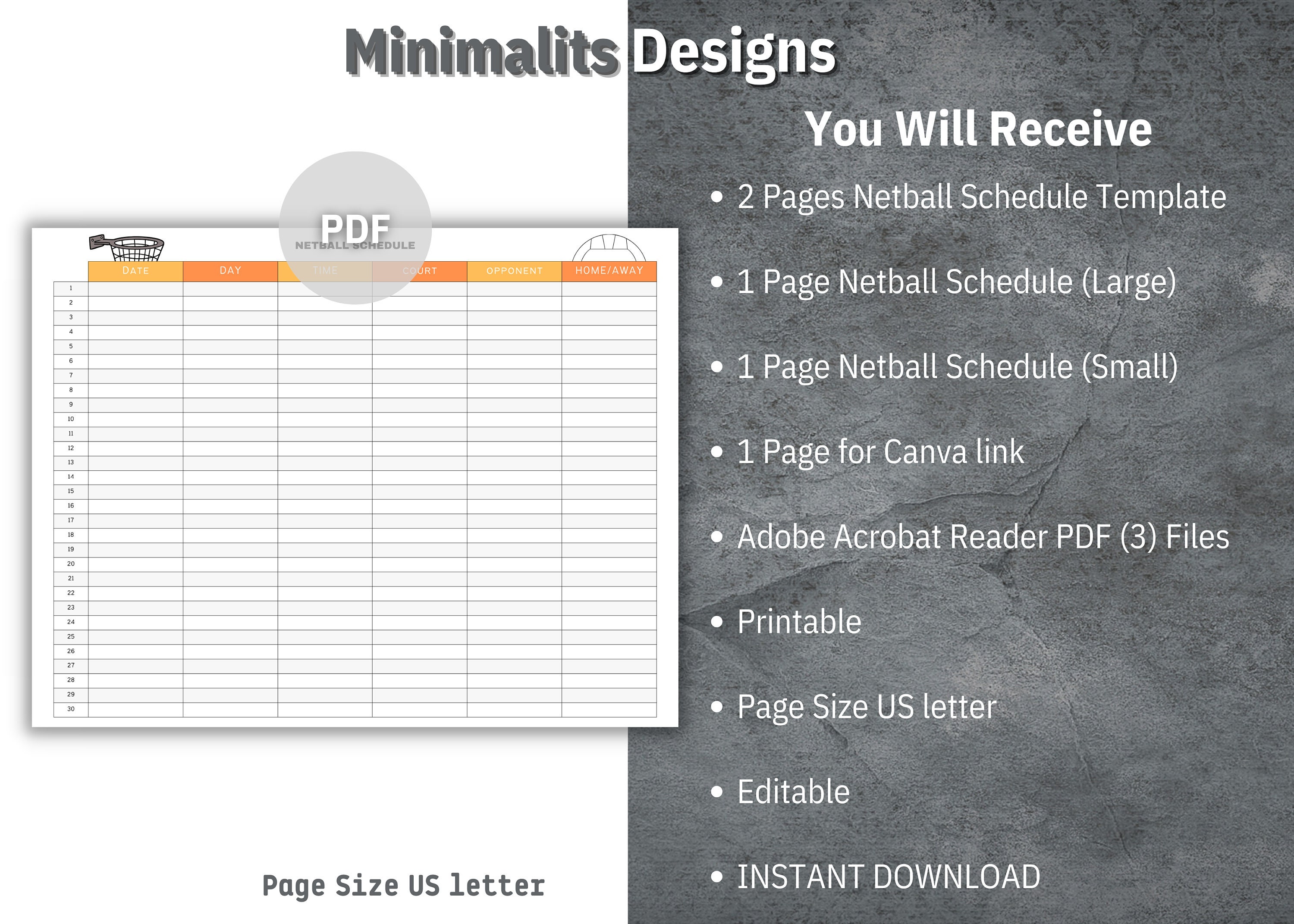 Netball Schedule Template, Printable Netball Schedule, Editable Netball ...